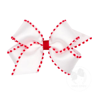 Medium Holiday Style Pom-Pom Edge Grosgrain Overlay Girls Hair Bow - R